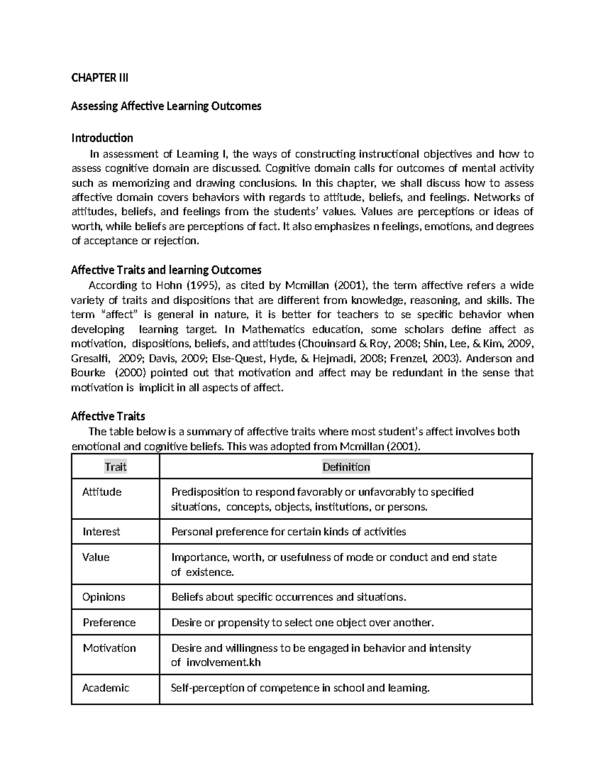 Chapter 3 - Lecture Notes on Affective Learning Outcomes (Course Code ...
