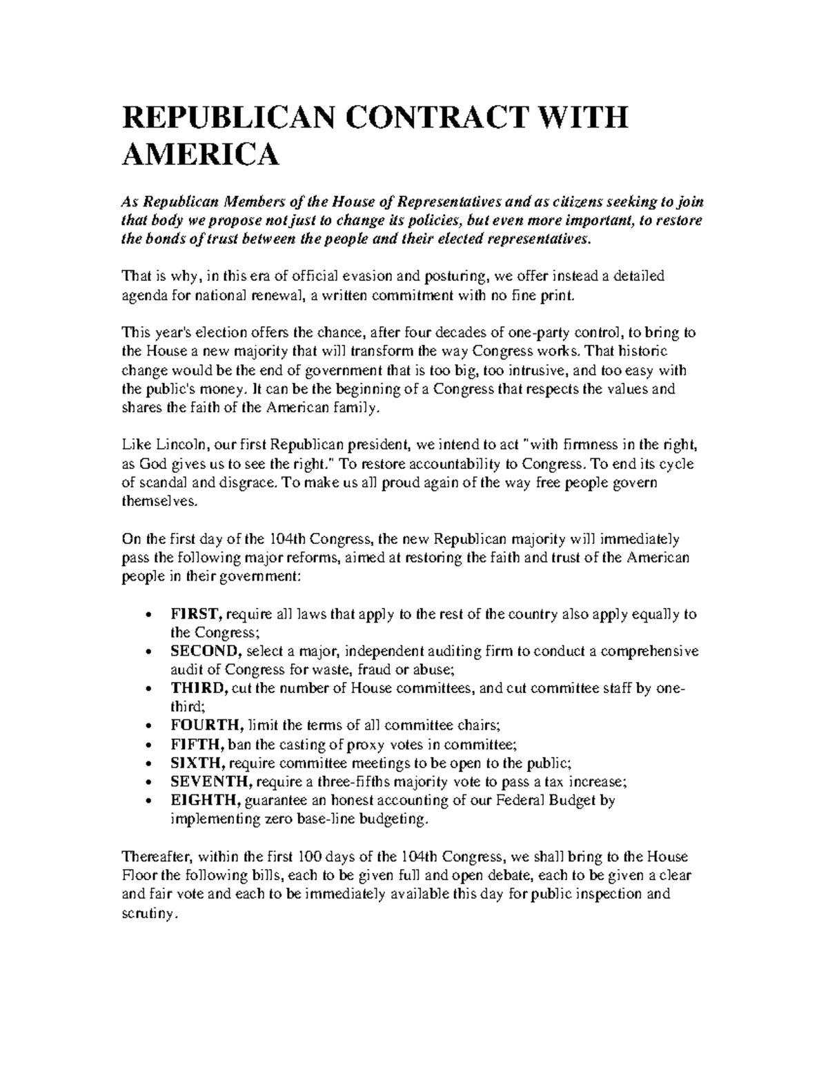 1994 Contract with America: A Blueprint for National Renewal - Studocu