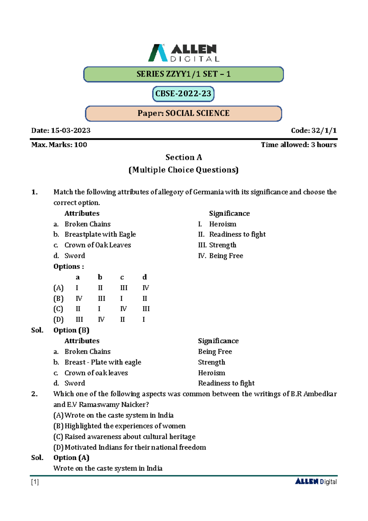 SST Allen Board Class 10 Paper: Social Science Series Set 1 - Studocu