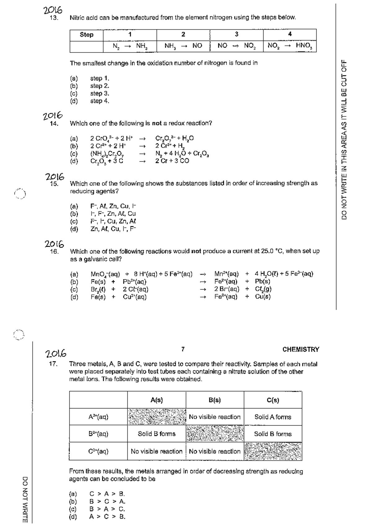 Redox Reactions and Galvanic Cells: WACE Chemistry Qs 2016-2021 - Studocu
