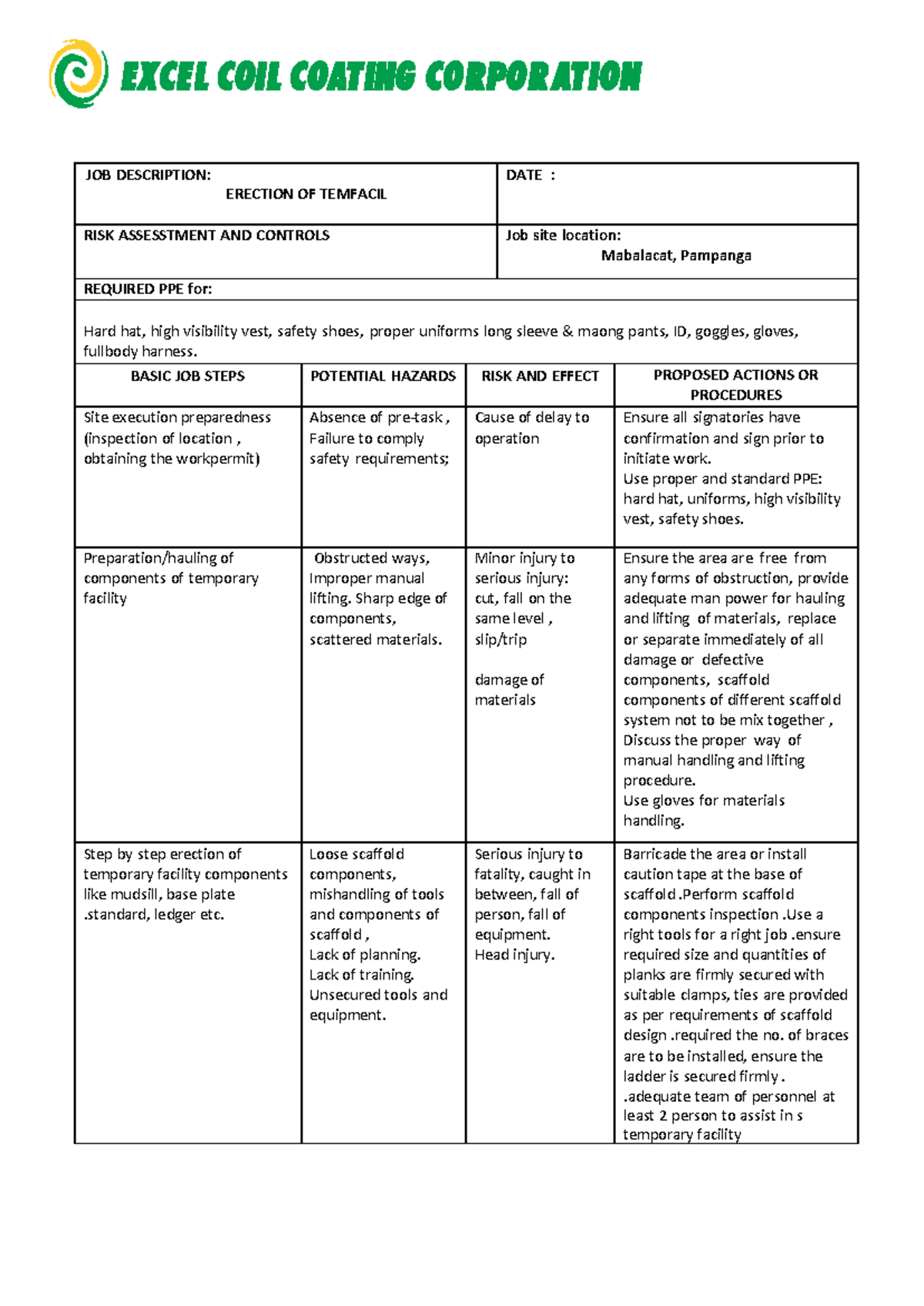 JOB HAZARD ANALYSIS: ERECTION OF TEMPORARY FACILITY (Temfacil) - Studocu
