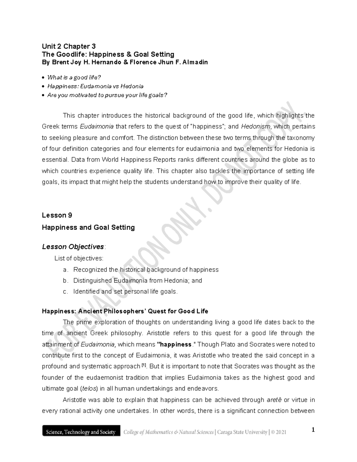 STS Unit 2 Chapter 3 - Unit 2 Chapter 3 The Goodlife: Happiness & Goal ...