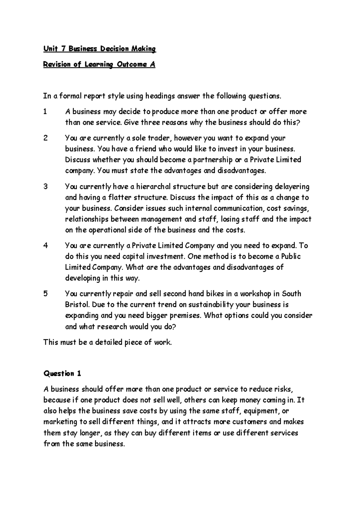 Unit 7 Business Decision Making: LOA Revision Exercise - Studocu