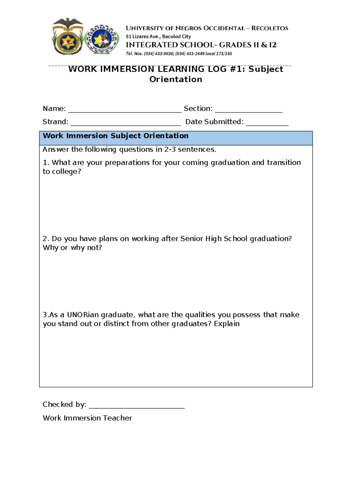 Learning-Log-1w - WORK IMMERSION LEARNING LOG #1: Subject Orientation ...