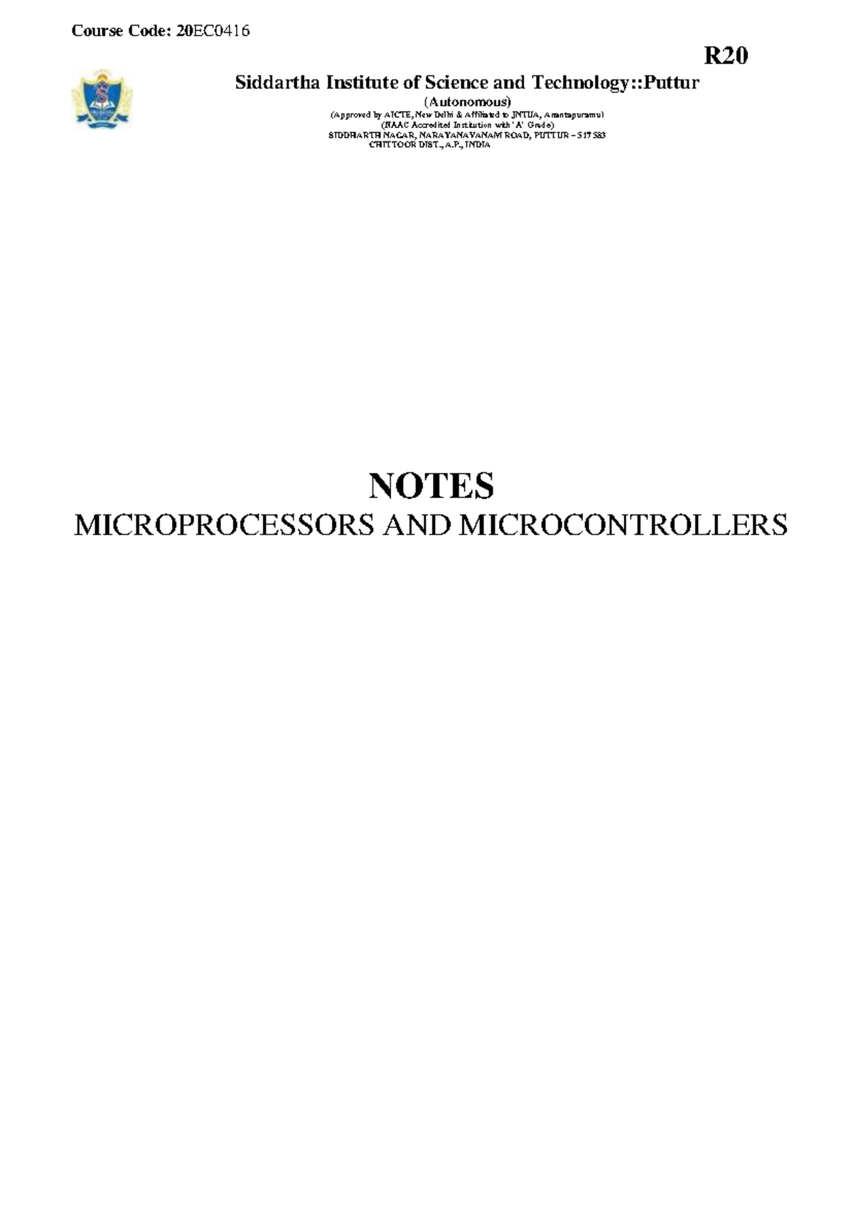 R20 MPMC Lecture Notes: Microprocessors & Microcontrollers Overview ...