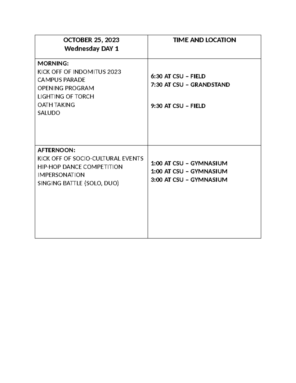 FLOW-OF- Events - DISASTER - OCTOBER 25, 2023 Wednesday DAY 1 TIME AND ...