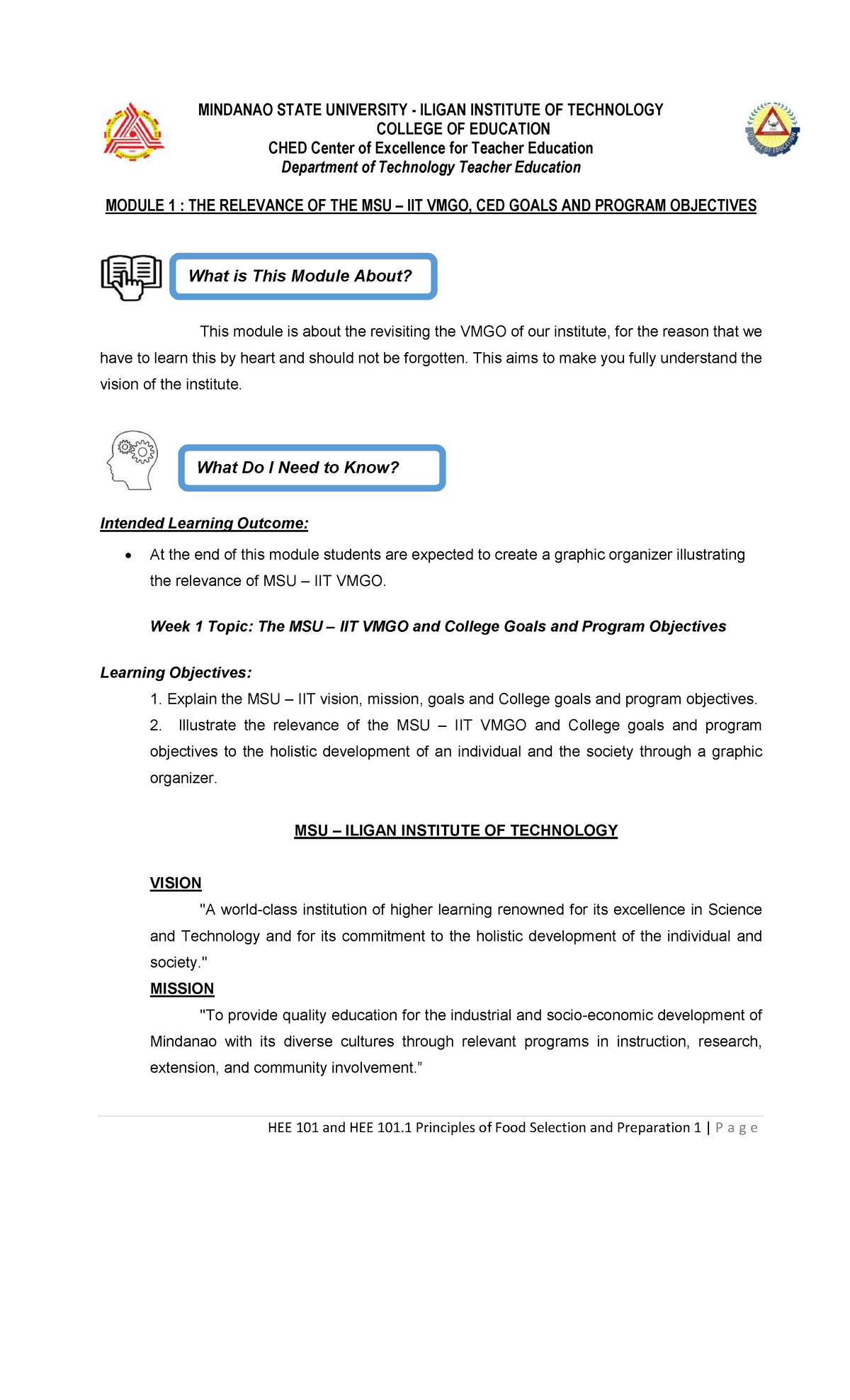 TLE103 Module 1: Understanding the Relevance of MSU IIT VMGO - Studocu