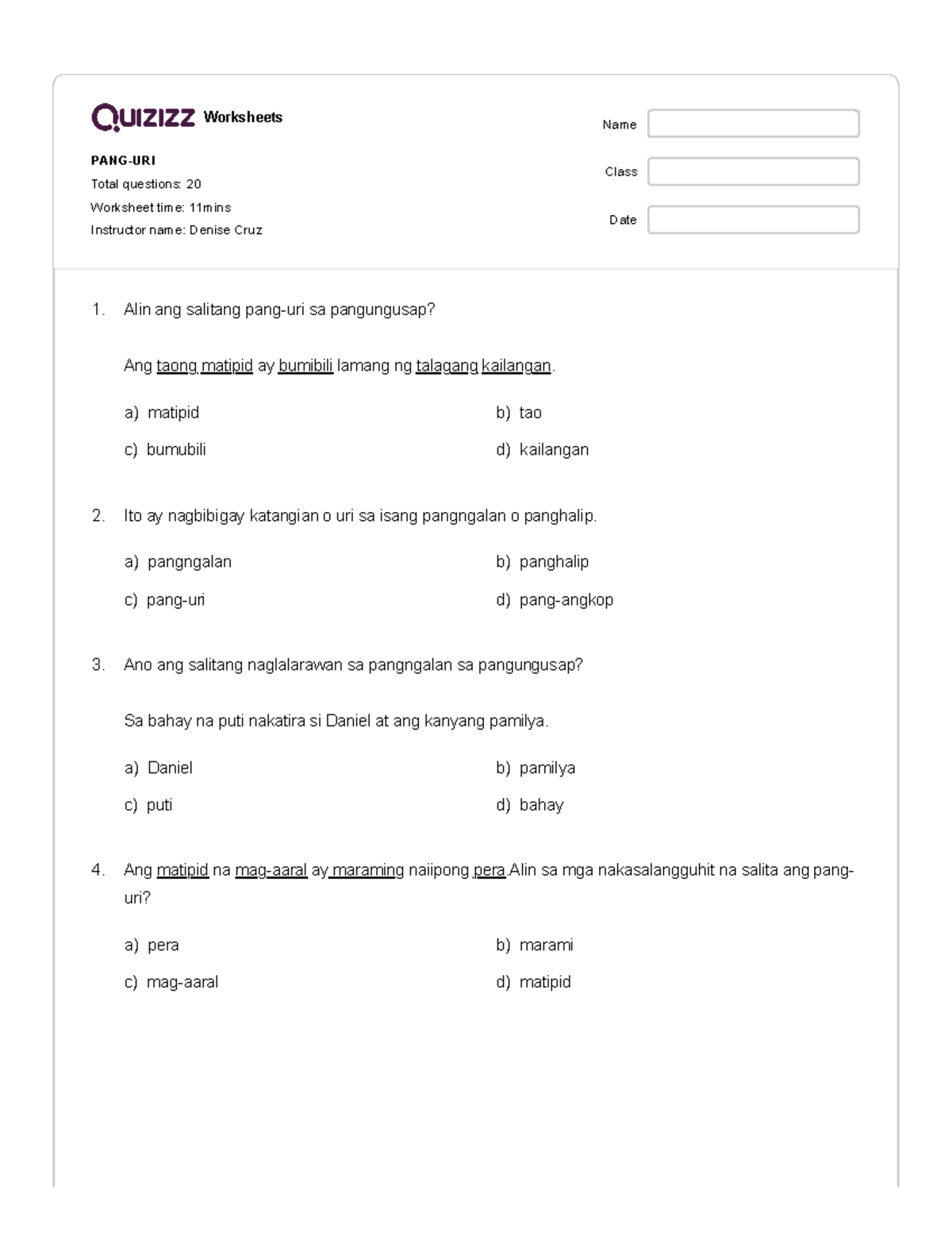 PANG-URI Quizizz - Lagumang Pagsusulit sa Filipino - Worksheets PANG ...