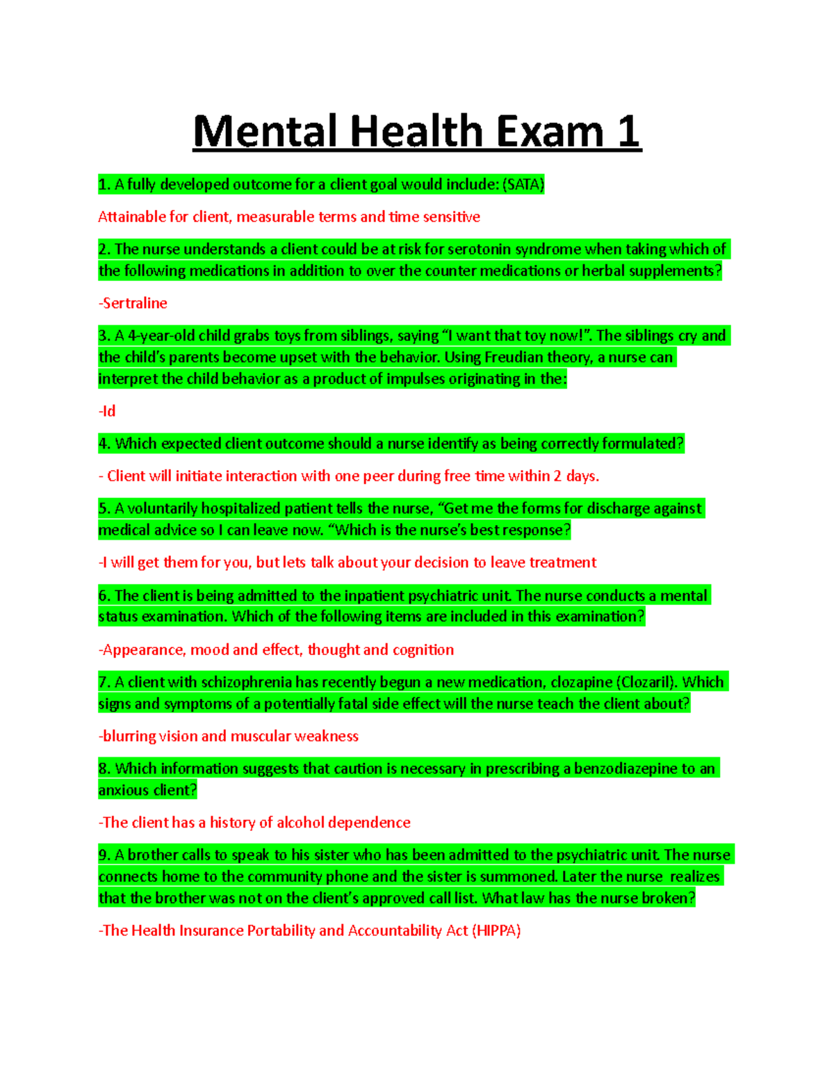 Mental Health Exam 1 Review - Key Concepts and Client Scenarios - Studocu