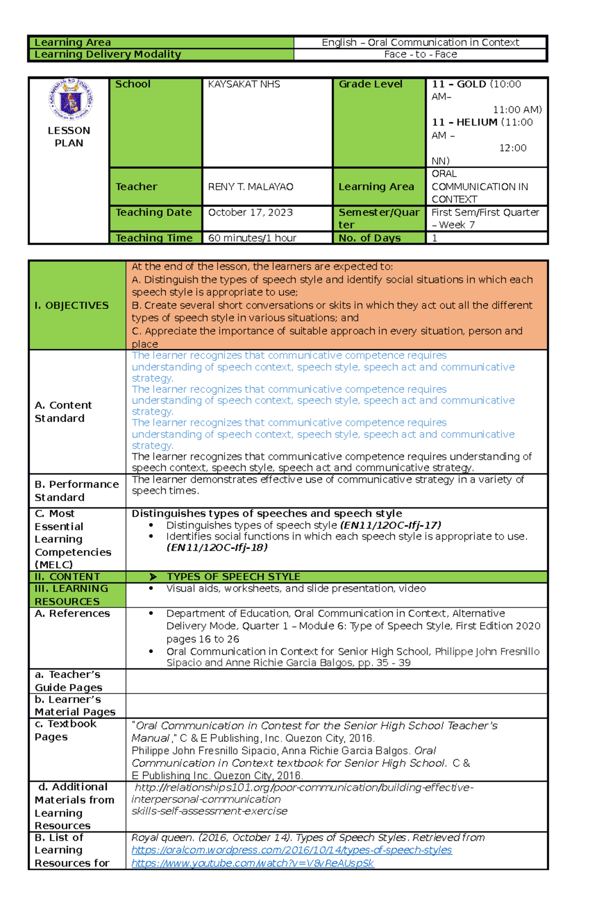 CO1 - ORAL COM - a sample of classroom observation in oral ...
