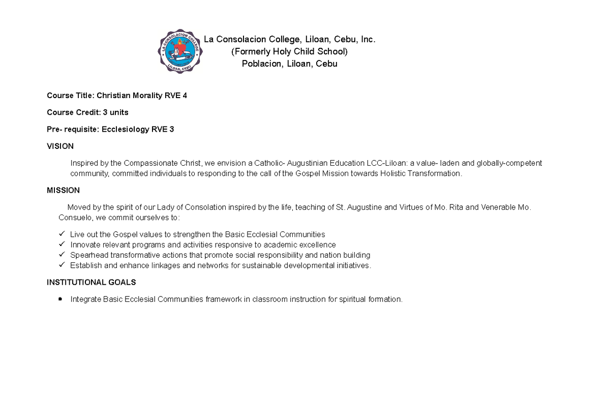 RVE 4 - Sample Syllabus for Christian Morality in Catholic Schools ...