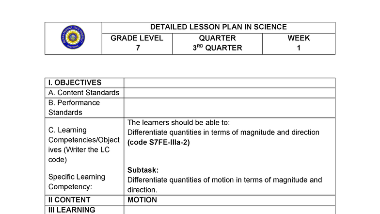 NIEZ- Detailed Lesson Plan in Science for Grade 7 - Quarter 1 - Studocu