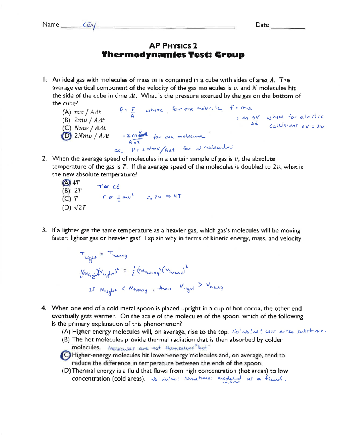06 group test key - math - Name KEy Date AP PHYSICS 2 Thermodynamics ...