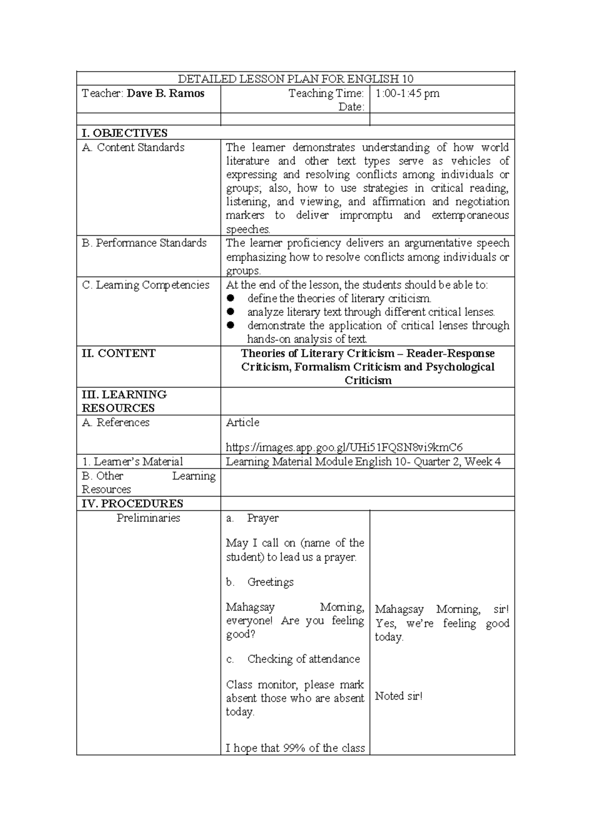 DETAILED LESSON PLAN FOR ENGLISH 10: LITERARY CRITICISM (Q2, W4) - Studocu