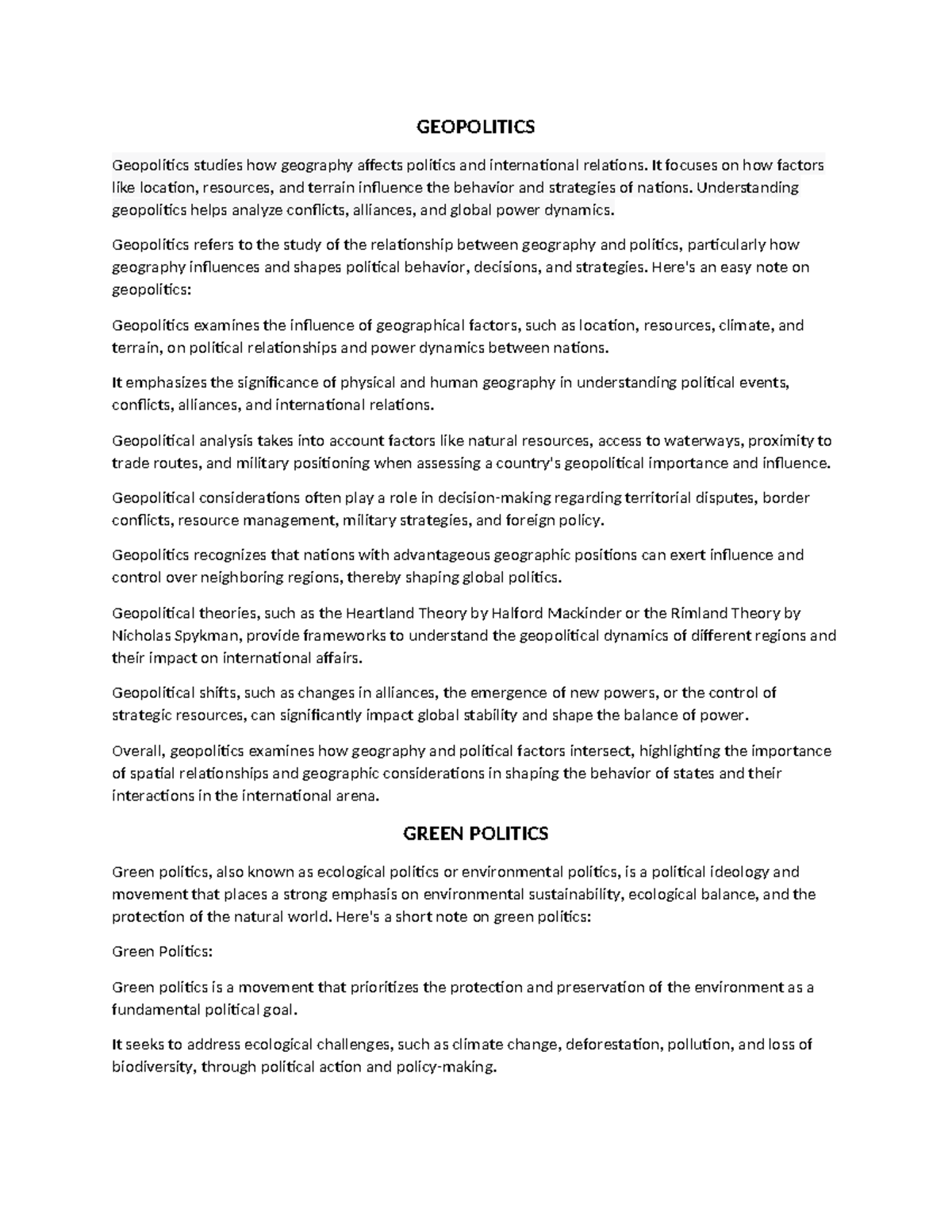 Political Science: Geopolitics, Green Politics, and Types of States ...