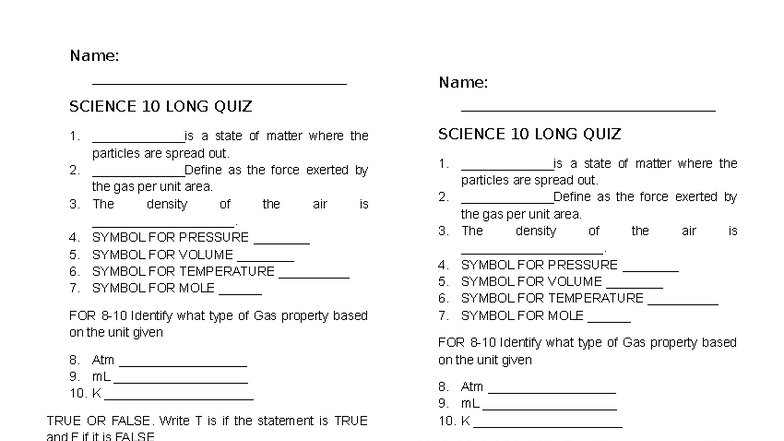 SCIENCE 10 LONG QUIZ 1: Properties of Gases and Their Behavior - Studocu