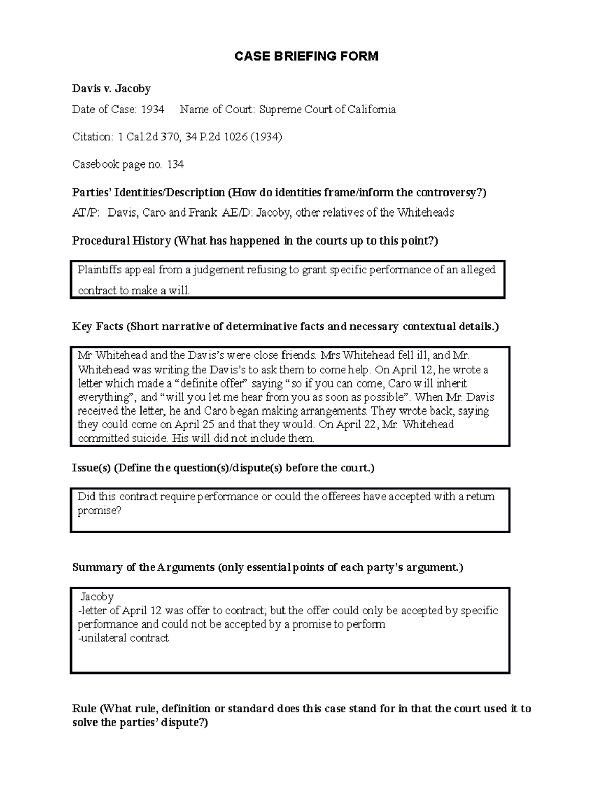 Davis v. Jacoby - Case brief. - CASE BRIEFING FORM Davis v. Jacoby Date ...