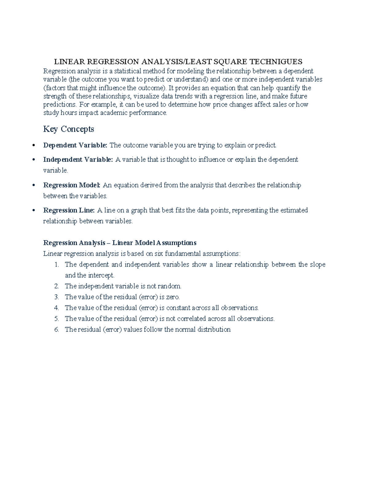 Regression Analysis - Lecture Notes on Linear Regression Techniques ...