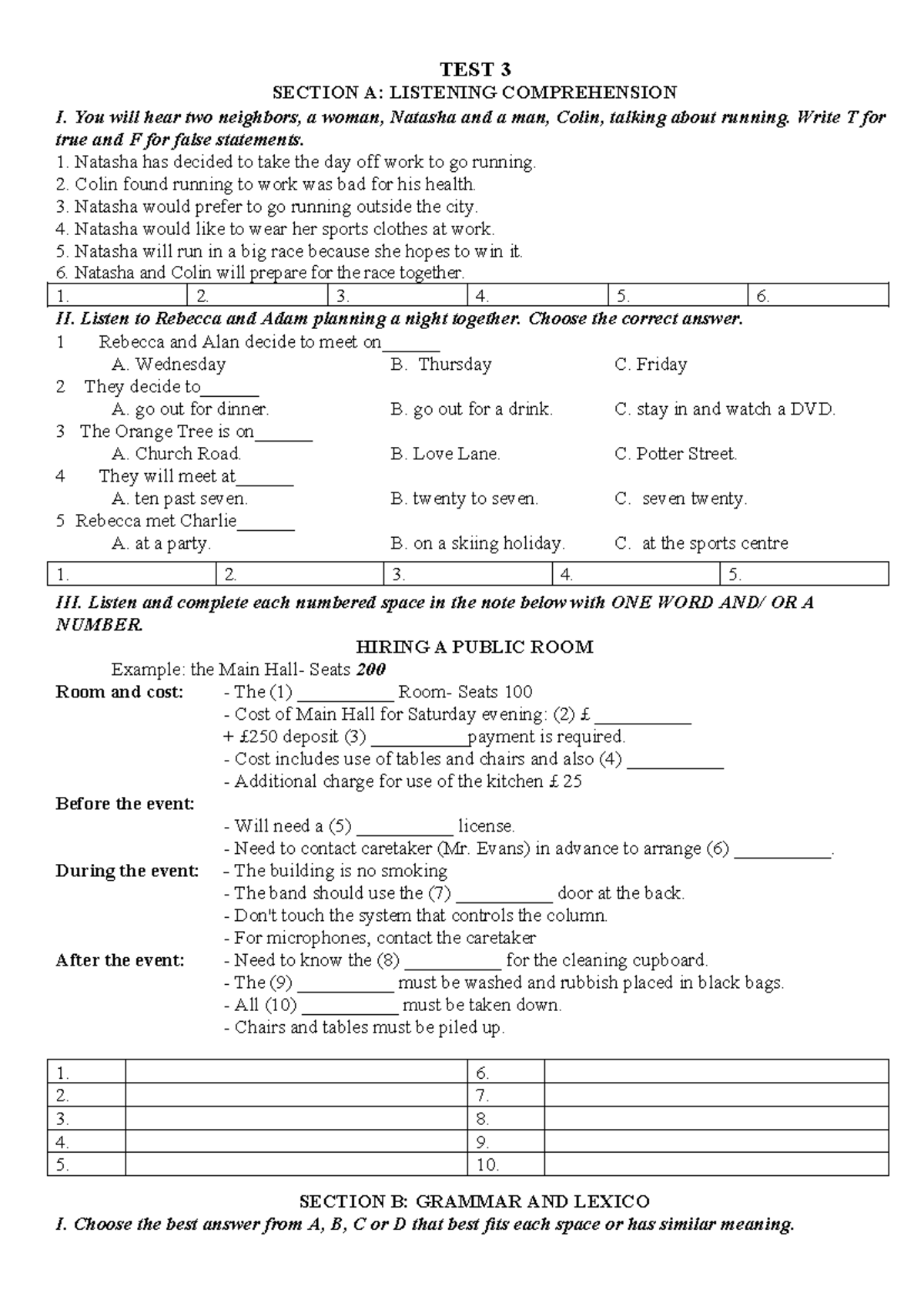 Grade 9 TEST 3 - Listening, Grammar, and Writing Exercises - Studocu