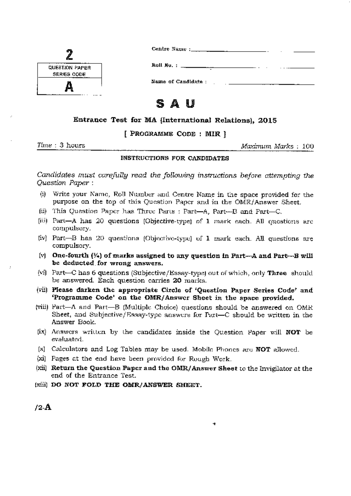 SAU-IR-2015 Entrance Test Question Paper for MA in International ...