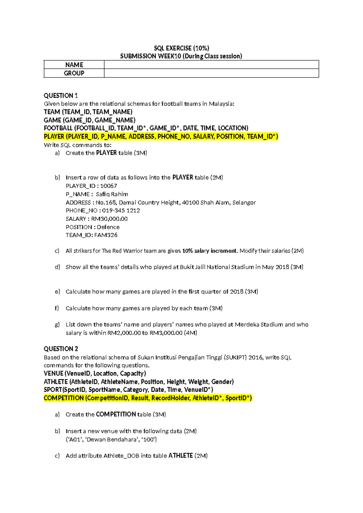 SQL Exercise Submission W10: Football & SUKIPT SQL Commands - Studocu