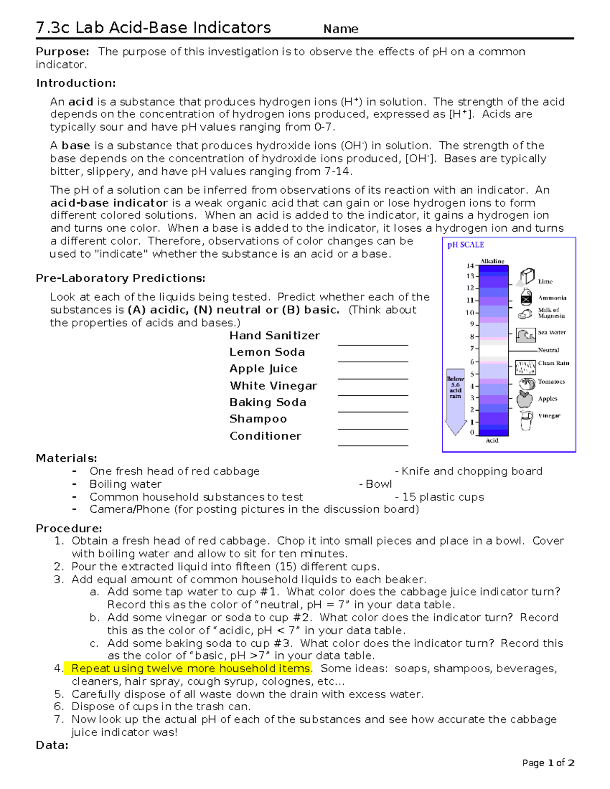 7.3c Lab: Investigating pH Effects on Indicators Using Cabbage Juice ...