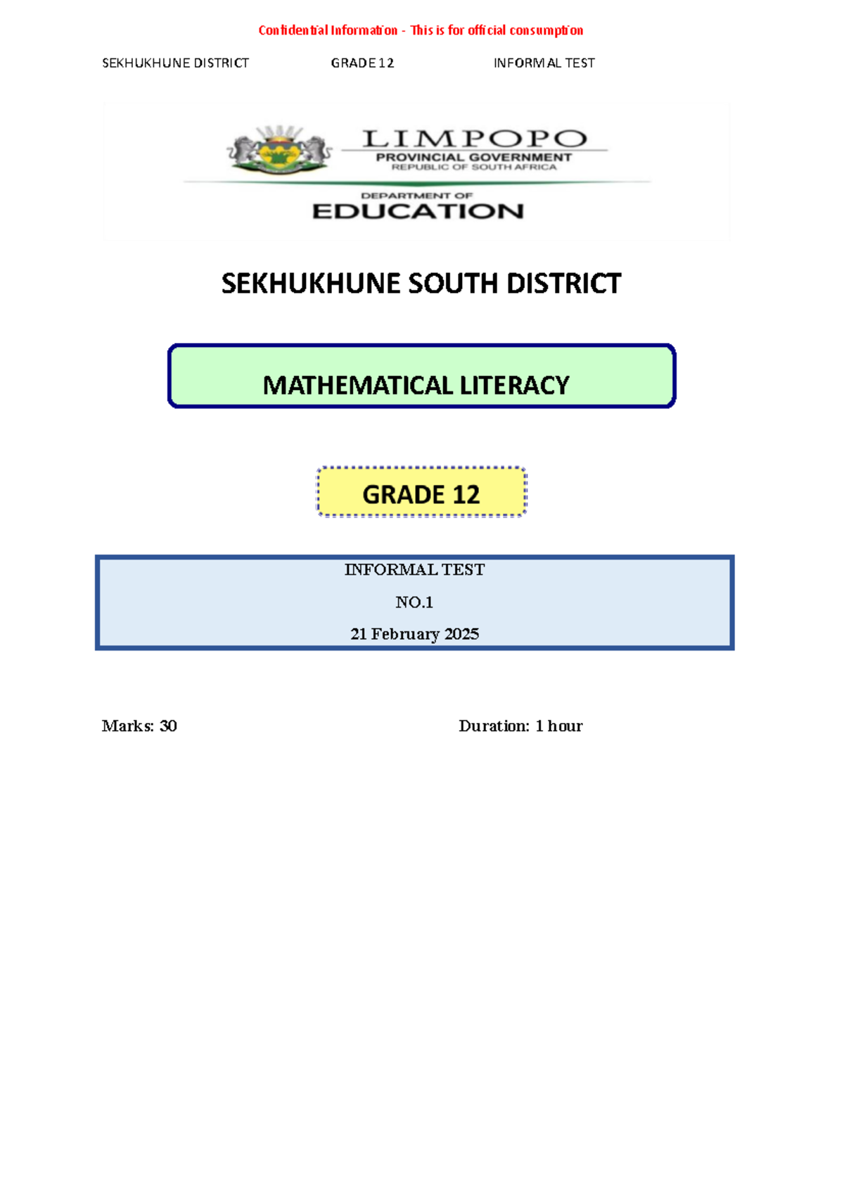 MLIT Grade 12 Informal Test: Water Tariff Calculations (21 Feb 2025 ...