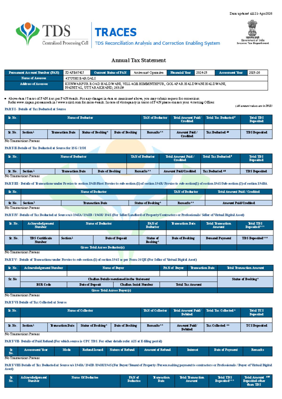 Annual Tax Statement FY 2024-25 for AYUSHI BARGALI (PAN: JDAPB6742J ...