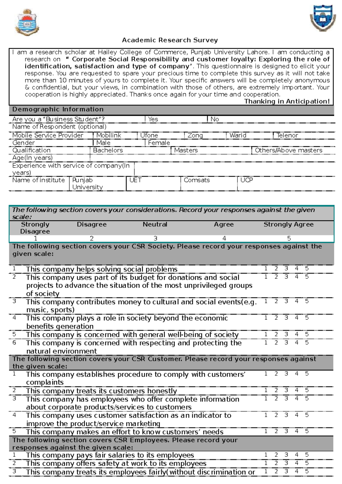 CSR & Customer Loyalty Survey: Exploring Key Factors - Studocu