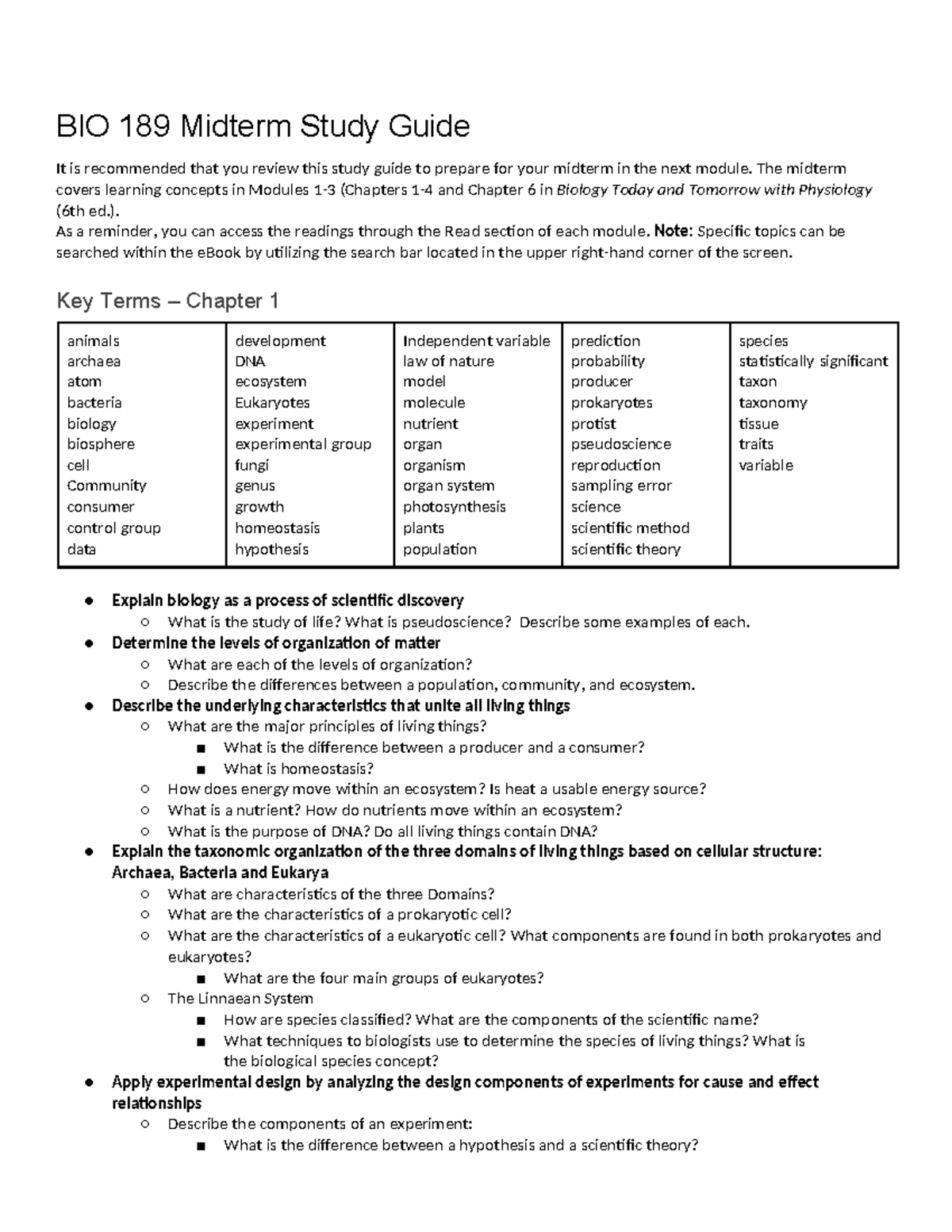BIO 189 Midterm Exam Study Guide: Key Concepts & Terms - Studocu