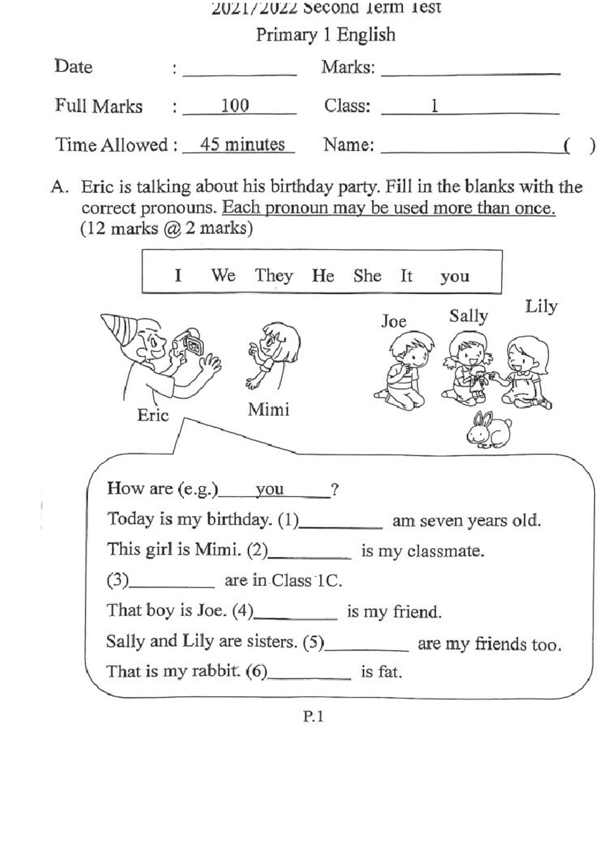 Primary 1 (2021-2022) Final Exam Paper - English Language Test - Studocu