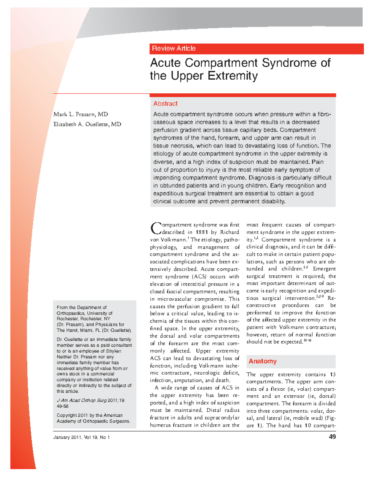 Acute Compartment Syndrome of the Upper Extremity: A Review Article ...
