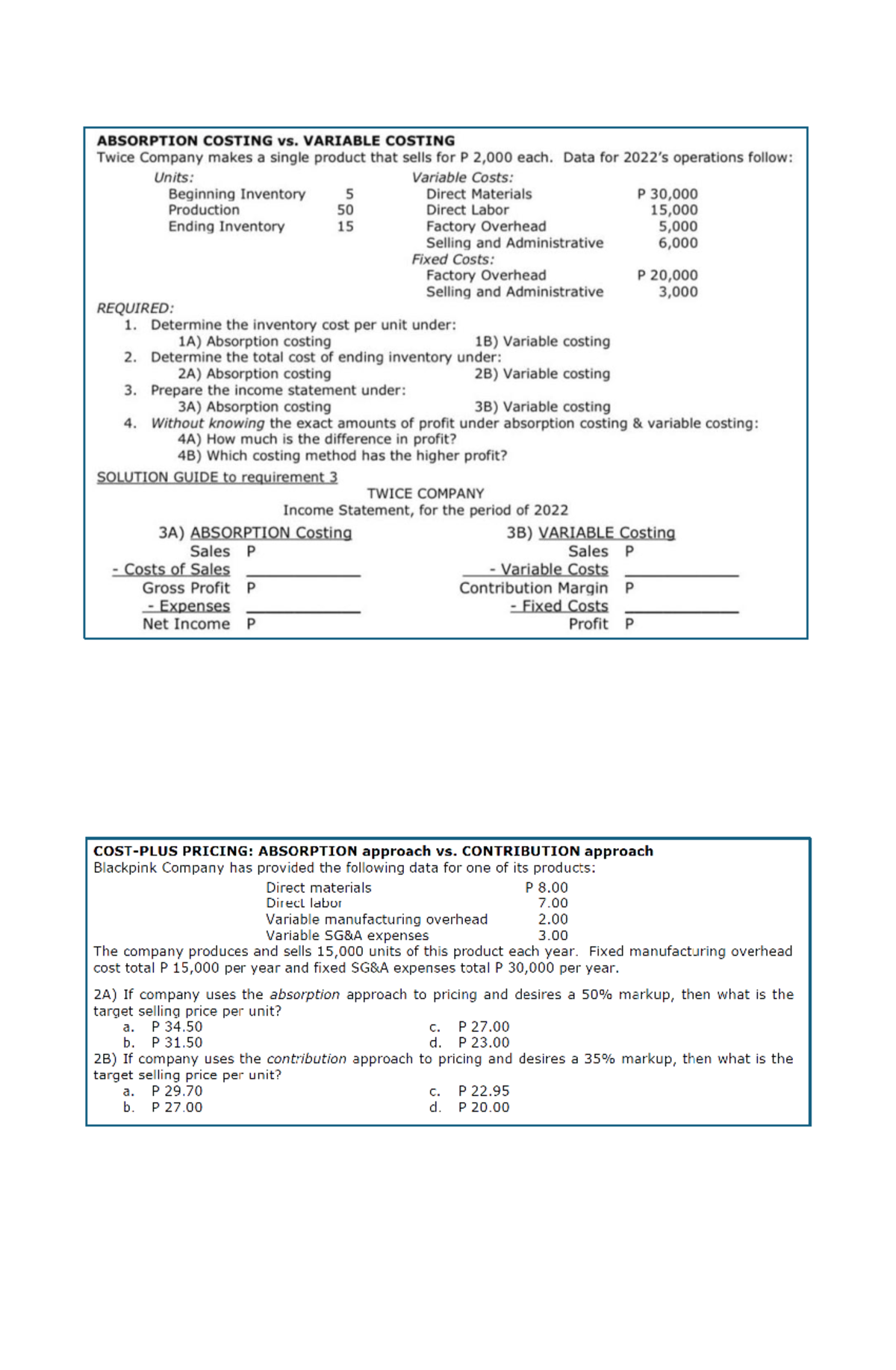 Short Exercises on Costing Methods: Absorption vs. Variable (MAS) - Studocu