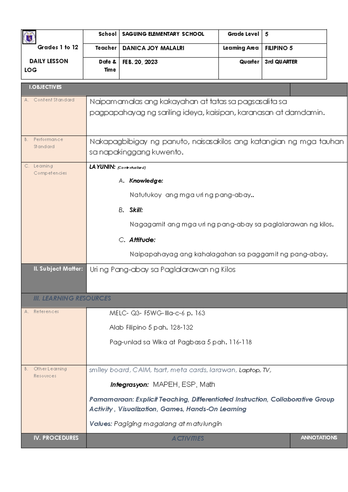 COT Filipino 5 Lesson Plan: Uri ng Pang-abay sa Paglalarawan ng Kilos ...
