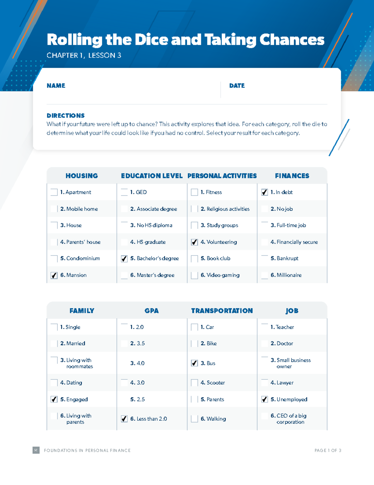 Rolling the Dice: Chapter 1, Lesson 3 - Exploring Life Choices - Studocu