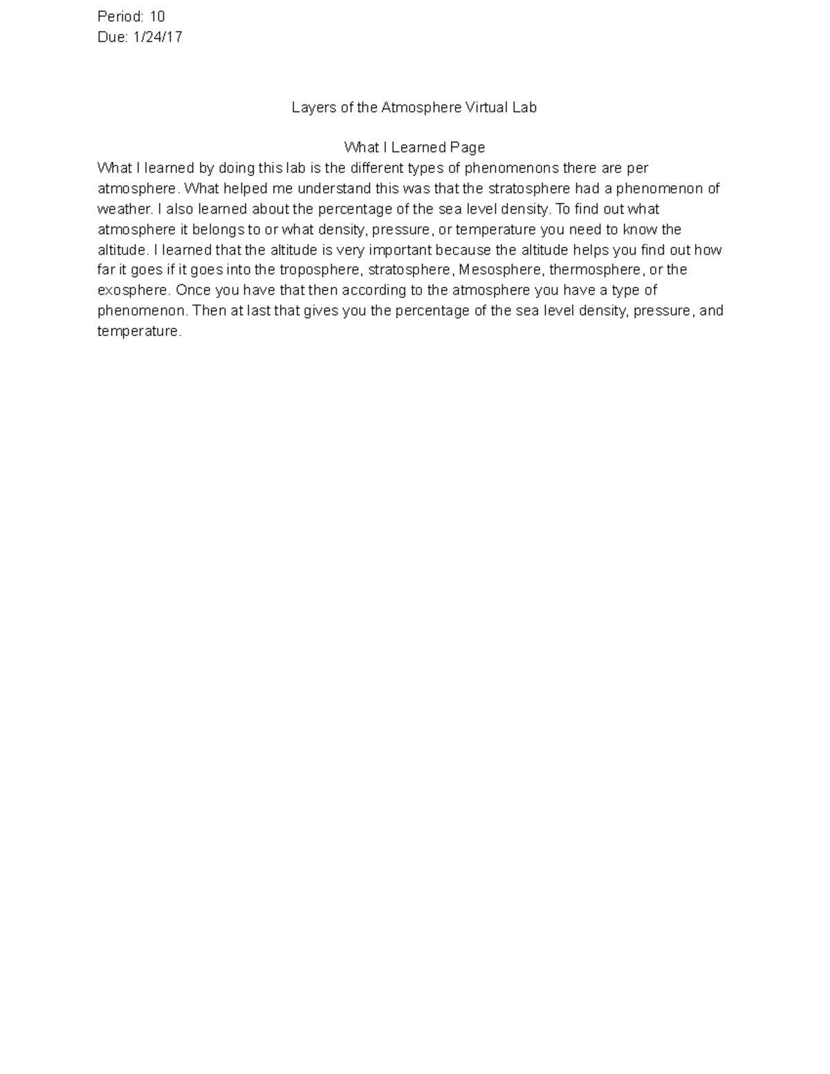 Layers of the Atmosphere Virtual Lab - Period: 10 Due: 1/24/ Layers of ...