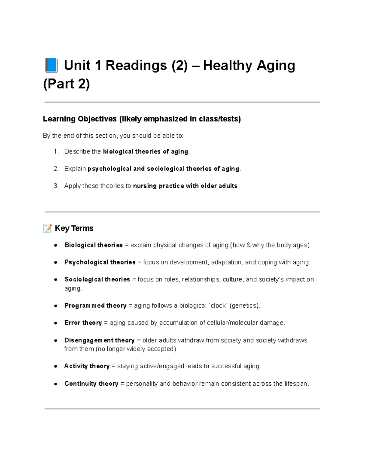 Unit 1 Readings (2): Theories of Healthy Aging in Nursing Practice ...