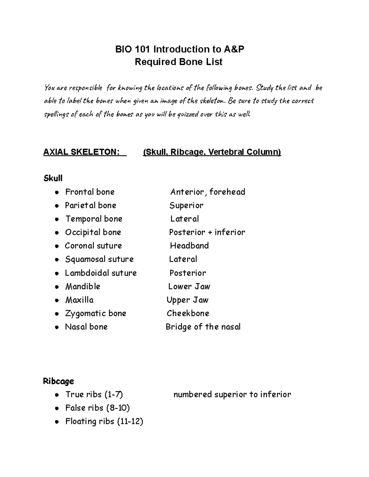 BIO 101 Final Exam Study Guide: Essential Bone Locations - Studocu
