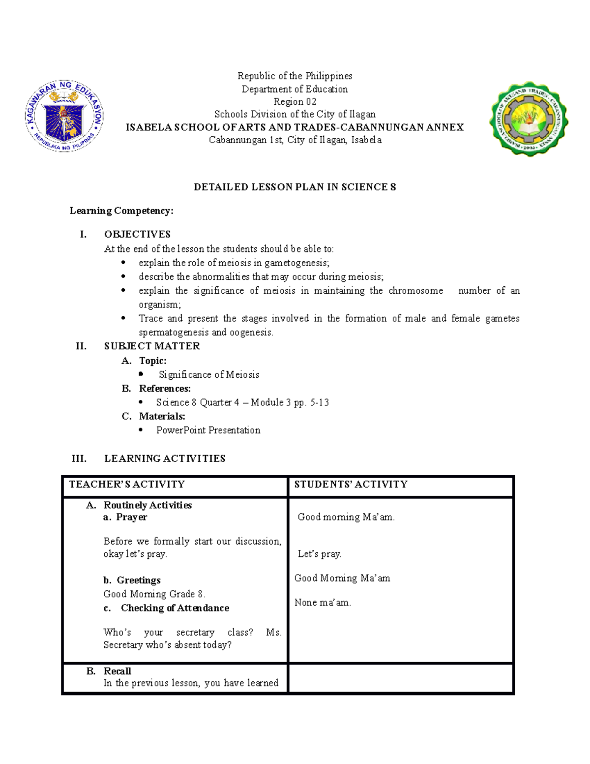 Detailed Lesson Plan on Significance of Meiosis for SCI 8 - Studocu