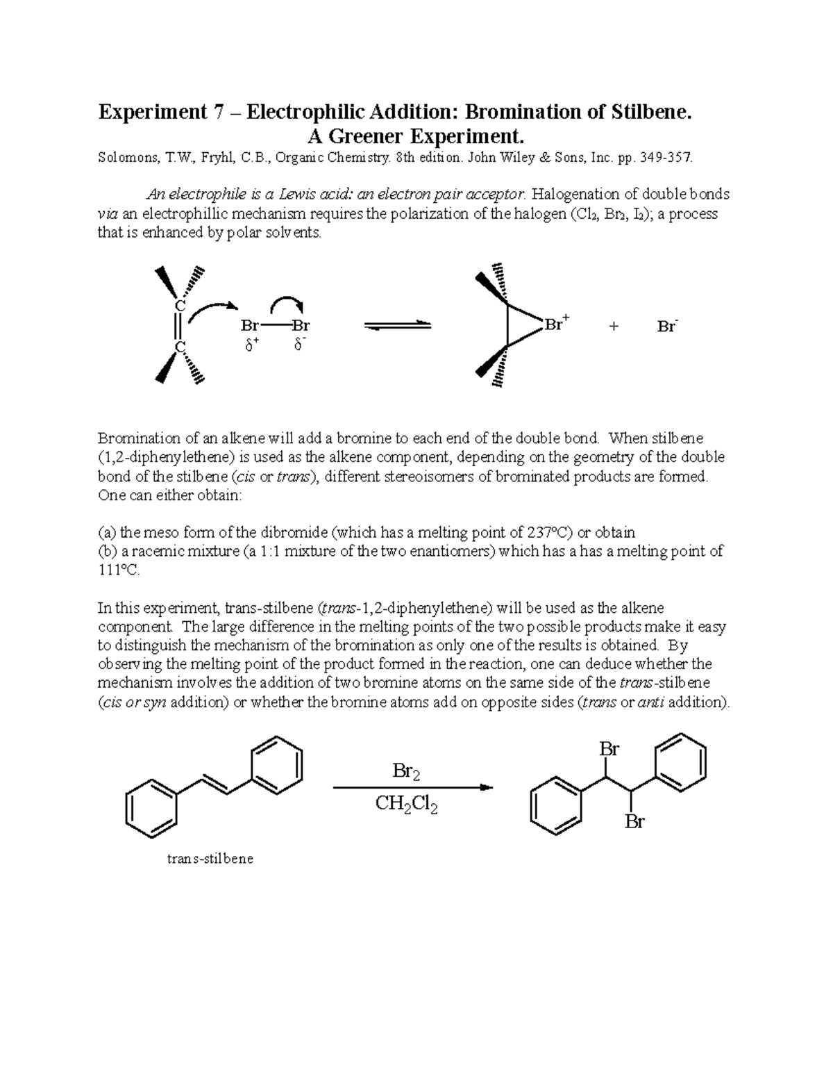 Electrophilic Addition of Trans-Stilbene: Bromination Experiment - Studocu