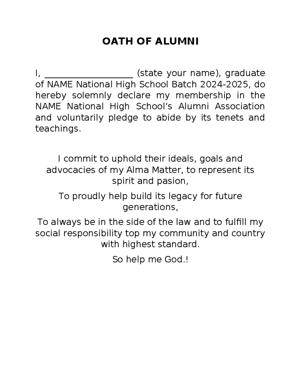 OATH - sample crafted oath - OATH OF ALUMNI I ...