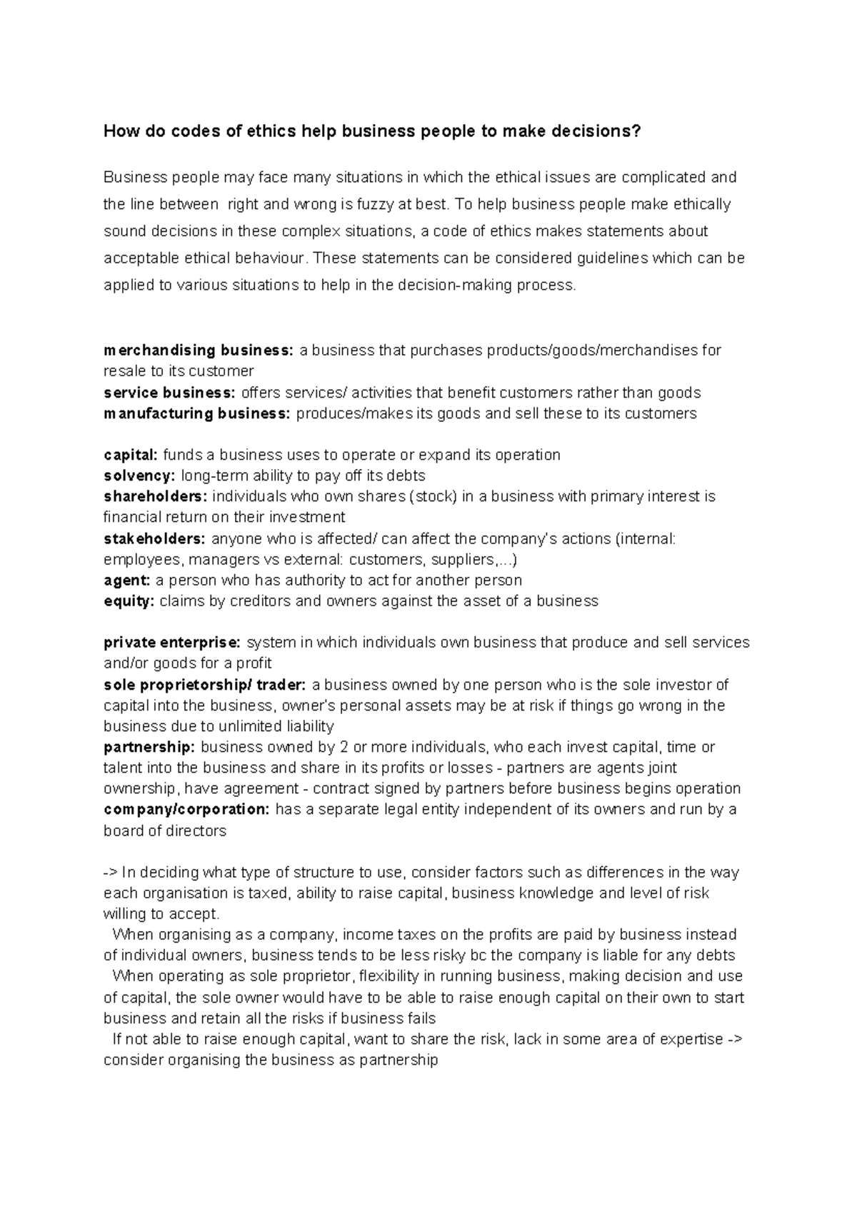 Buss1030: Ethics in Business Decision-Making - Revision Questions - Studocu