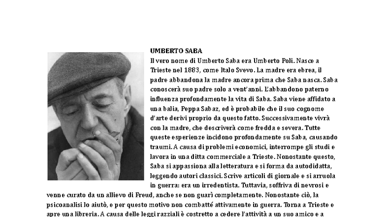 SABA - Riassunto della Vita e Concezione Poetica di Umberto Saba - Studocu