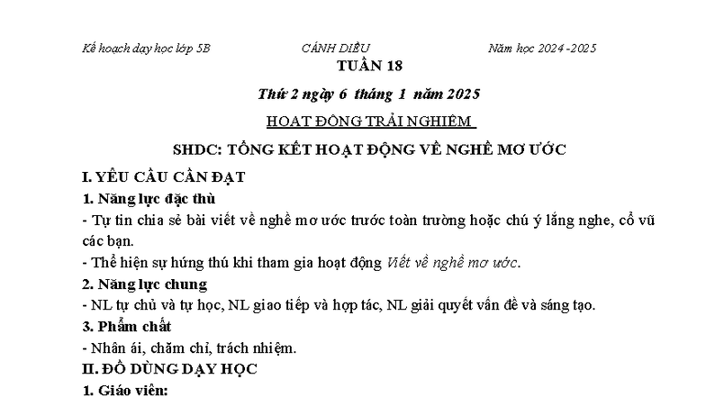 Kế Hoạch Dạy Học Lớp 5B CÁNH DIỀU Năm Học 2024 - Tuần 18 - Studocu