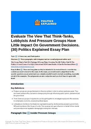 Essay Plan: Impact of Think-Tanks, Lobbyists & Pressure Groups on UK ...