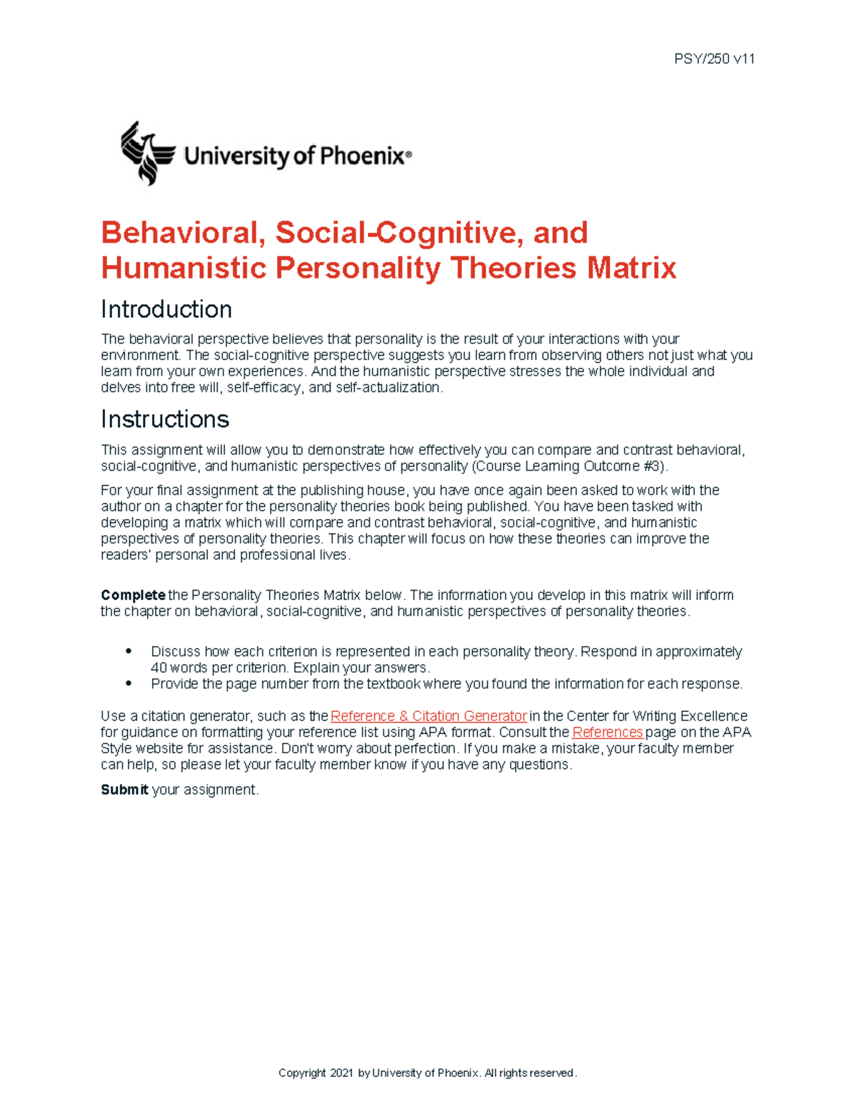 PSY/250 v Week 5: Matrix of Behavioral, Social-Cognitive & Humanistic ...