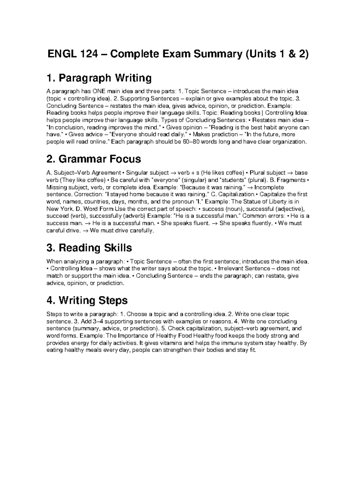 ENGL 124 Final Exam Summary: Paragraph Writing & Grammar Skills - Studocu