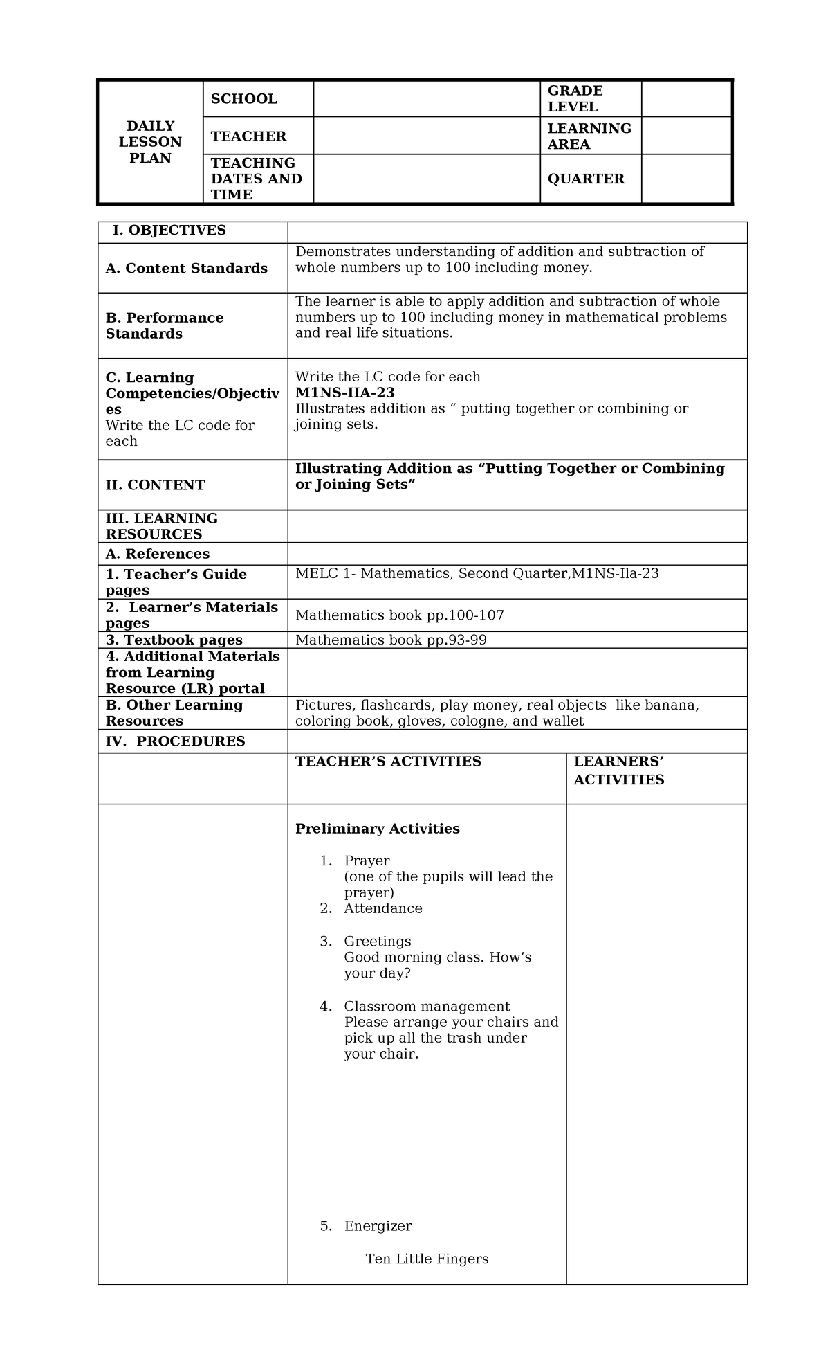Lesson Plan for Mathematics: Addition & Subtraction M1NS-IIA - Studocu