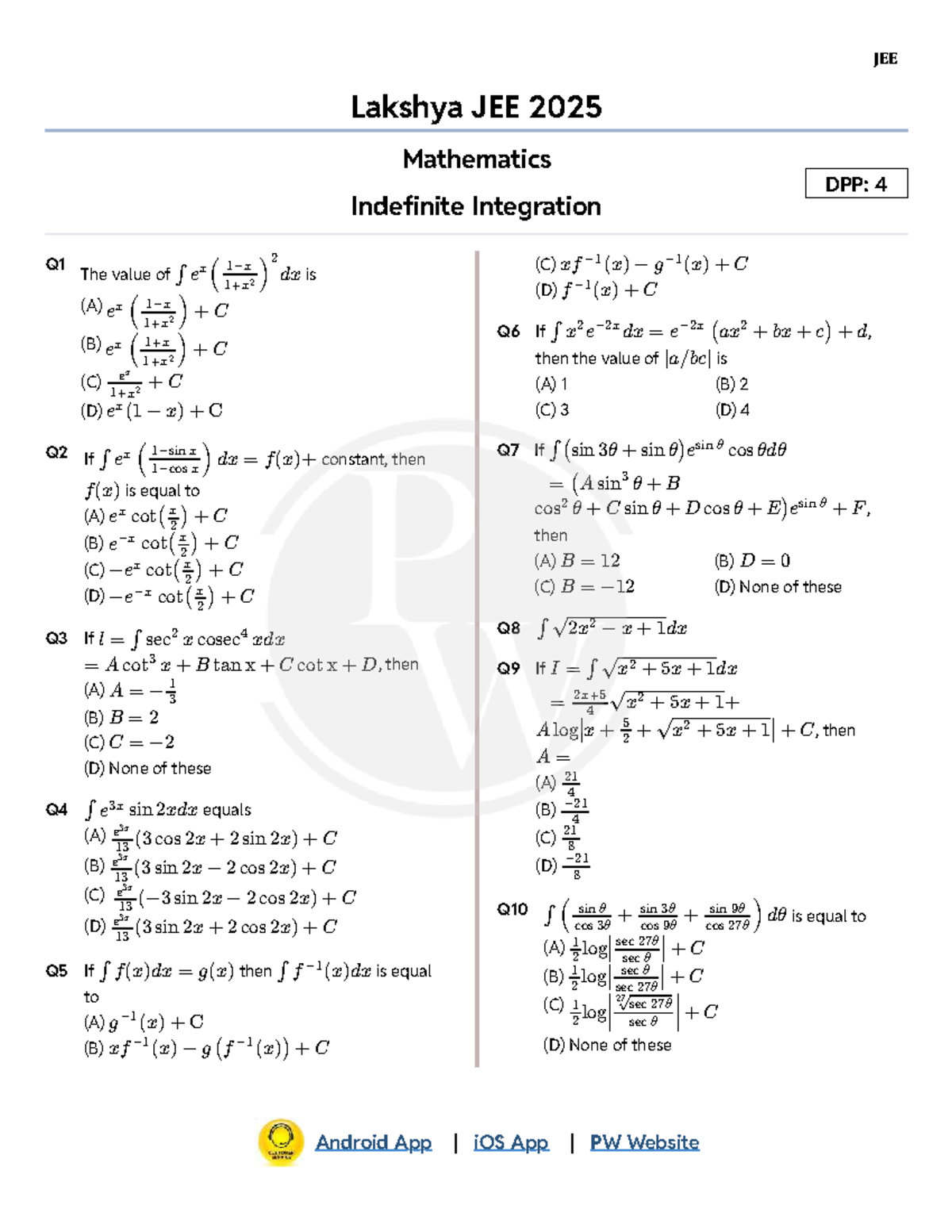 JEE 2025 Mathematics DPP: Indefinite Integration Questions - Studocu