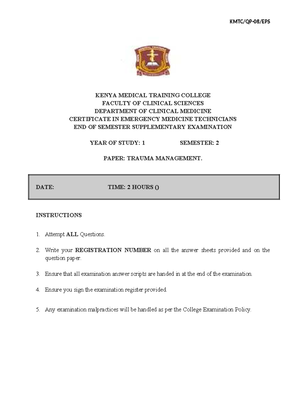 CEMT 1.2 MK SUPP Trauma Management Exam Notes - Studocu